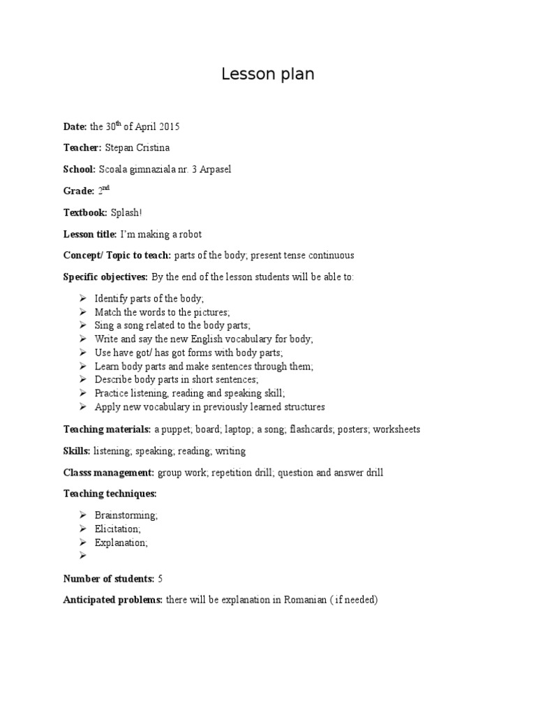 Body Parts Lesson Plan Final | PDF | Lesson Plan | Homework