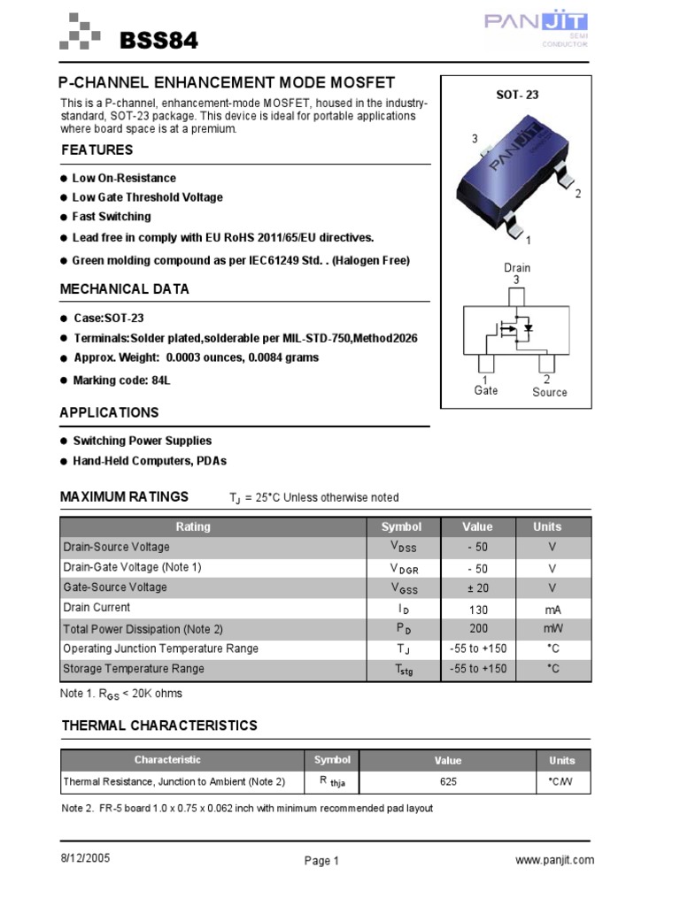 84L Sot23 - BSS84 | PDF | Field Effect Transistor | Mosfet