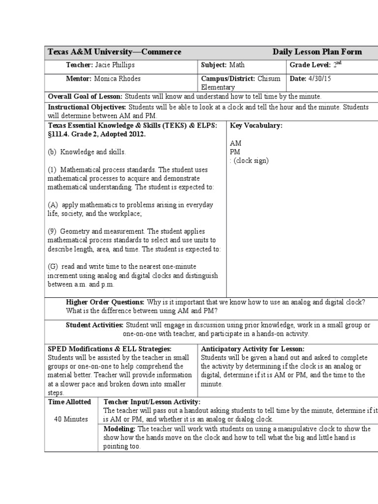 Lesson Plan Telling Time | PDF | Clock | Lesson Plan