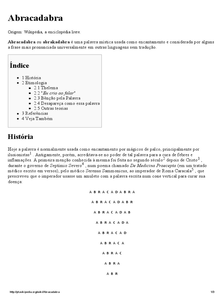 Abracadabra - Wikipédia, A Enciclopédia Livre | PDF | Lexicologia ...