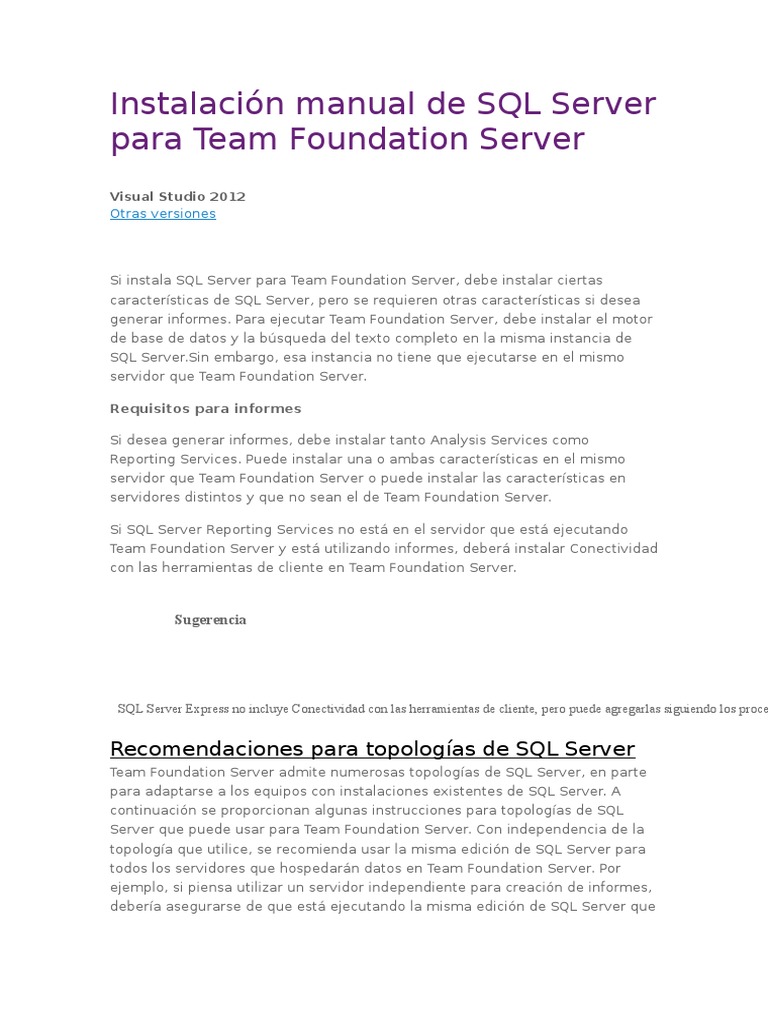 Instalación Manual de SQL Server para Team Foundation Server | PDF | Servidor SQL de Microsoft ...