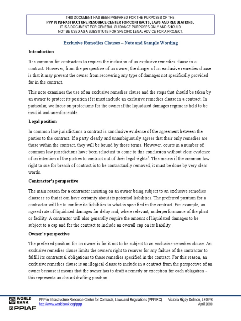 Exclusive Remedies Clauses - Note and Sample Wording | PDF | Liquidated ...