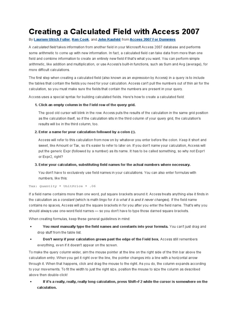 Creating A Calculated Field With Access 2007 | Download Free PDF ...