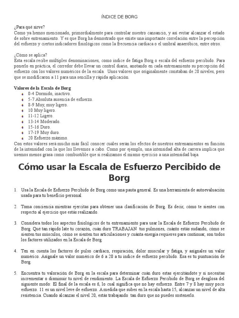 Escala de Esfuerzo Percibido de Borg | PDF | Ritmo cardiaco | Ejercicio ...
