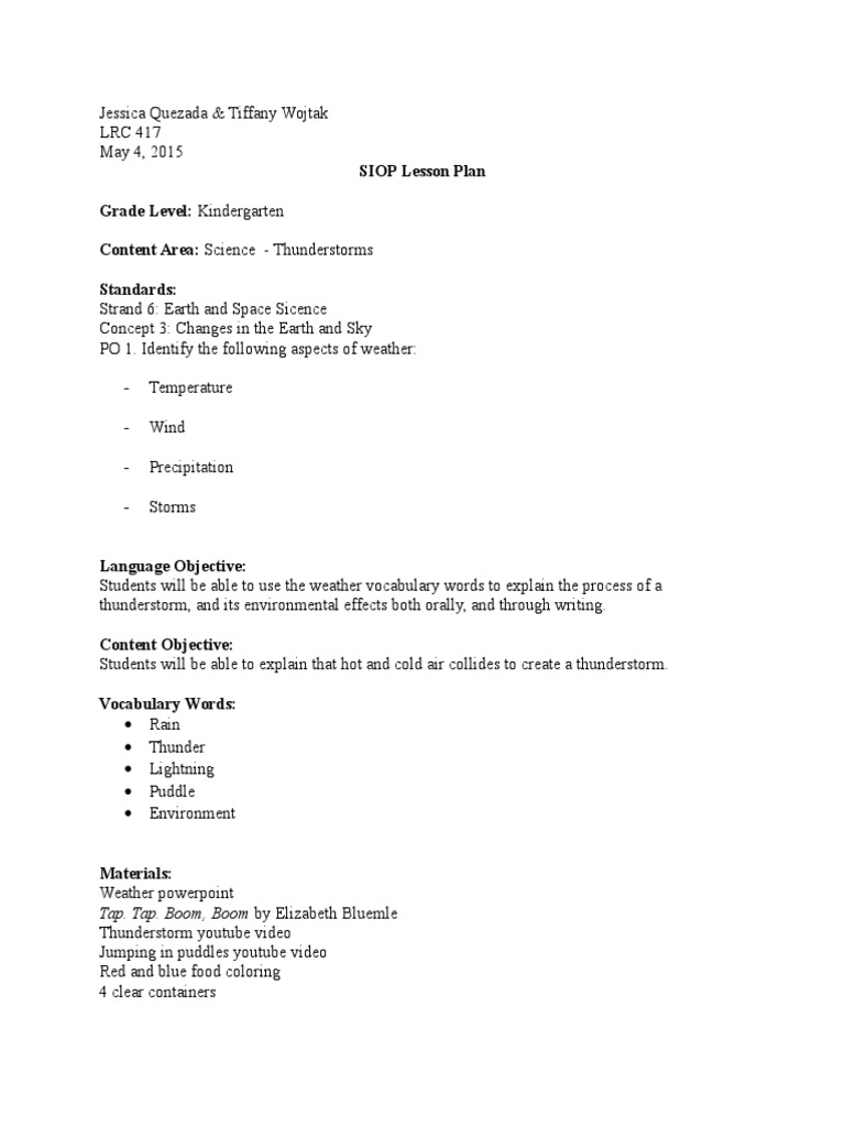 Siop Lesson Plan | PDF | Thunderstorm | Weather