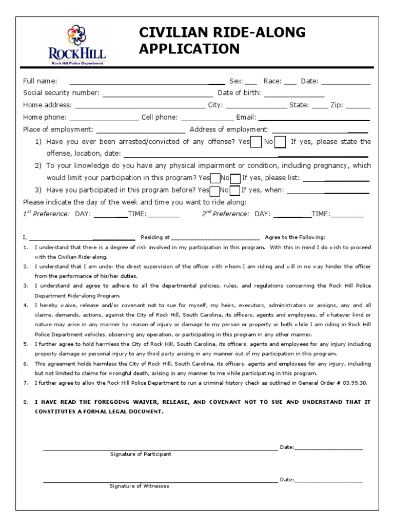 Civilian Ride-Along Application | PDF | Police | Indemnity