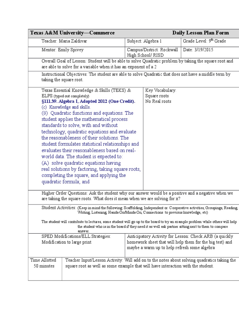 Lesson Plan Solving by Square Root | PDF | Quadratic Equation | Homework
