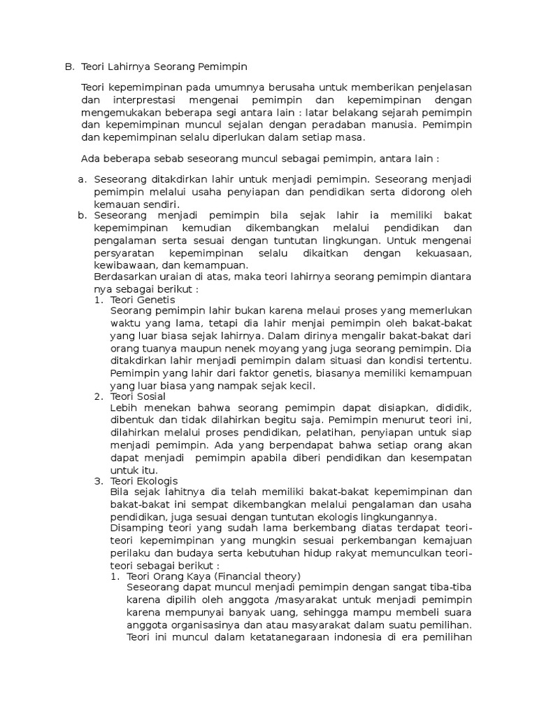 B. Teori Lahirnya Seorang Pemimpin | PDF