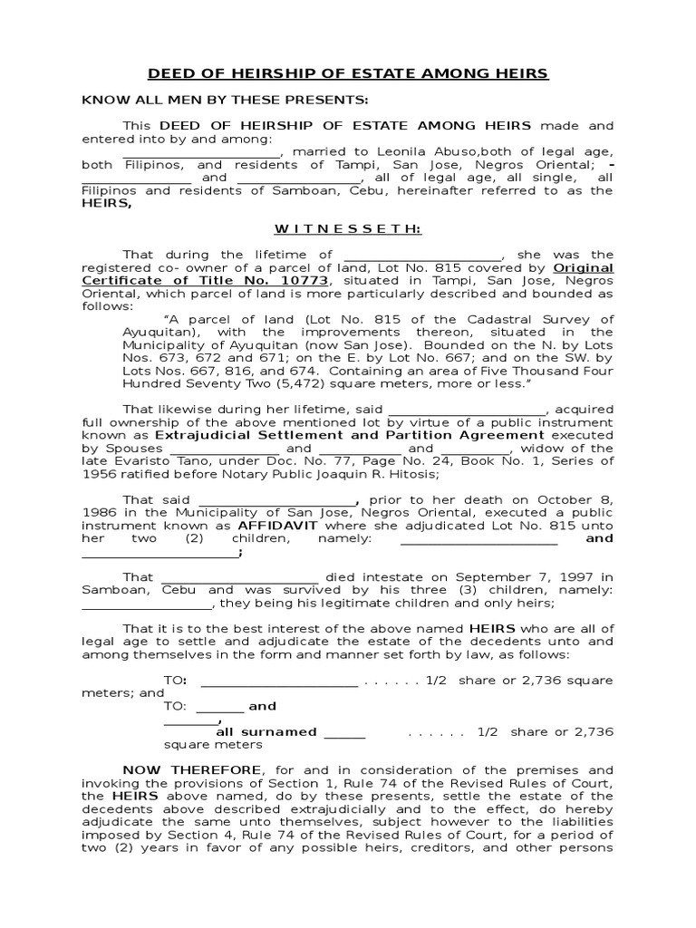 Deed of Heirship | PDF | Deed | Civil Law (Common Law)