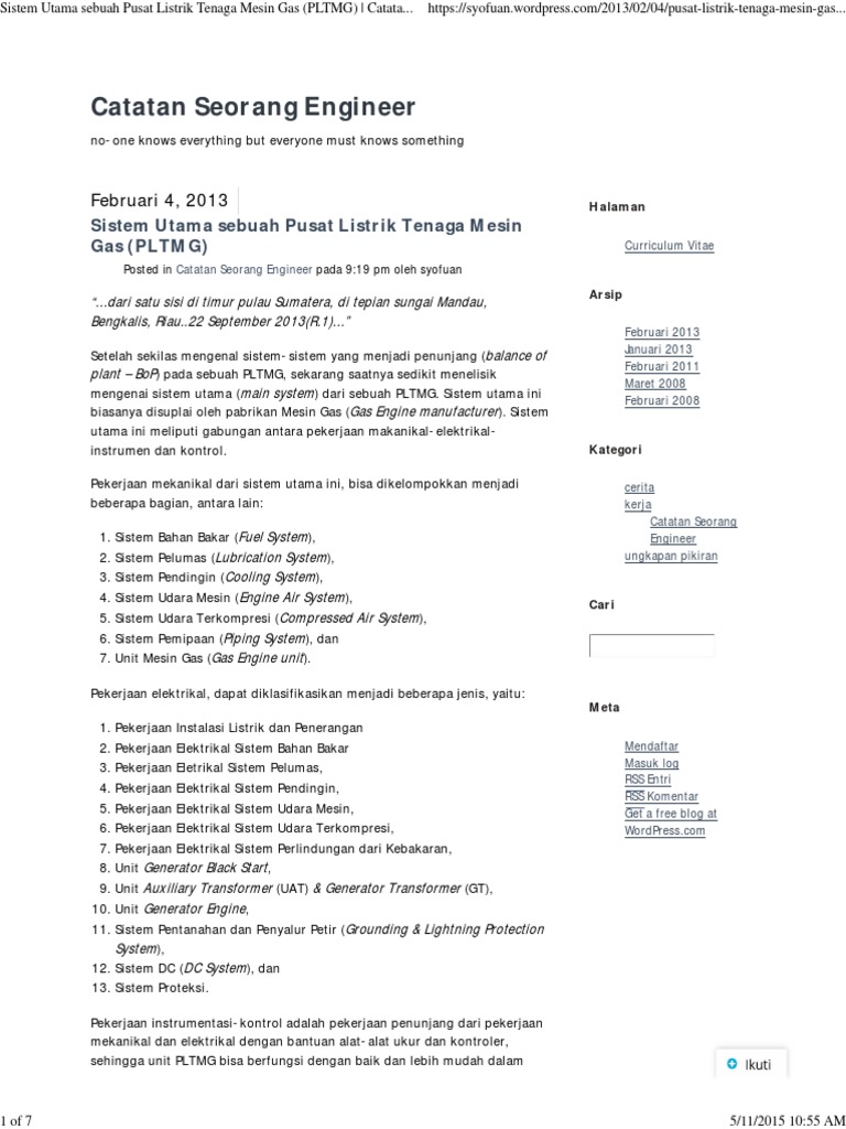 Sistem Utama Sebuah Pusat Listrik Tenaga Mesin Gas (PLTMG) - Catatan ...