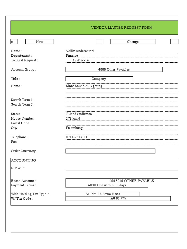 Vendor Master Form for Finance | PDF | Finance & Money Management