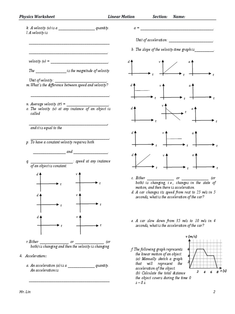 Linear Motion Physics Worksheet | PDF | Teaching Methods & Materials ...