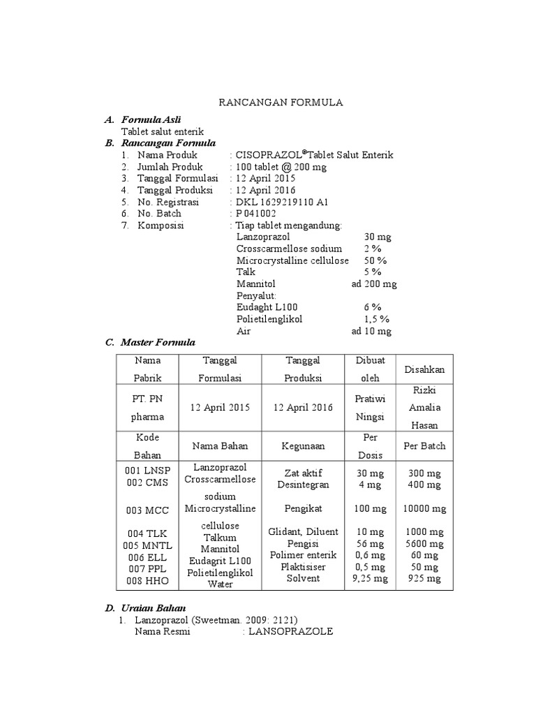 Rancangan Formula Lansoprazol Enterik Koated Tablet | PDF