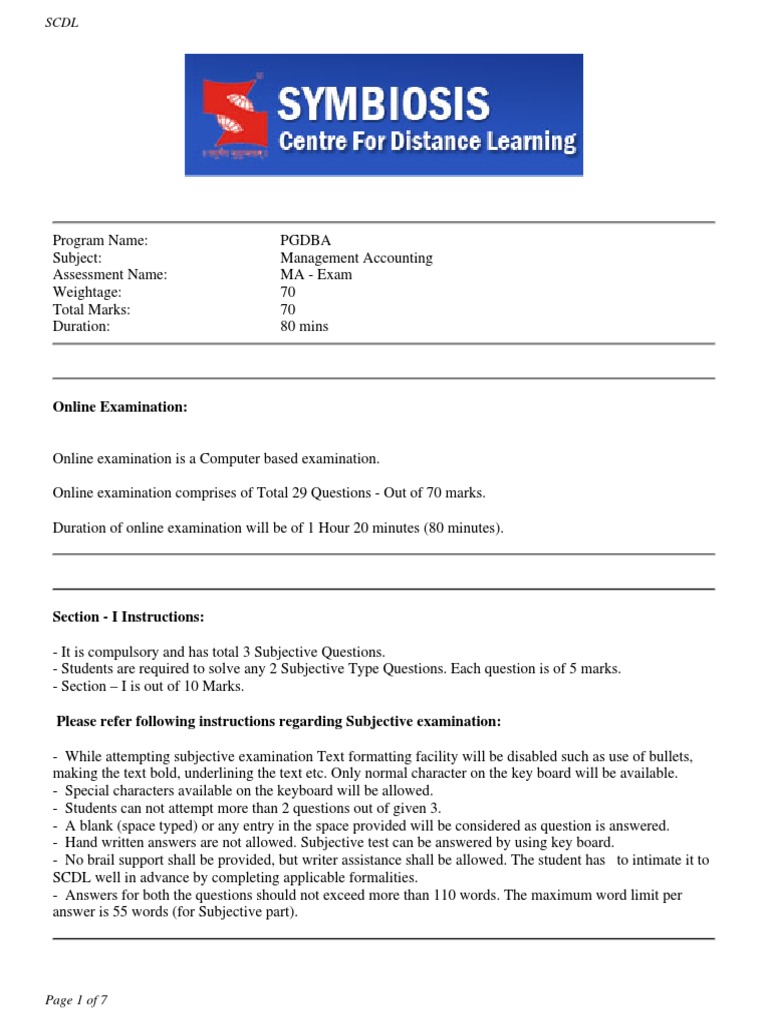 Management Accounting SCDL | Test (Assessment) | Cost Accounting