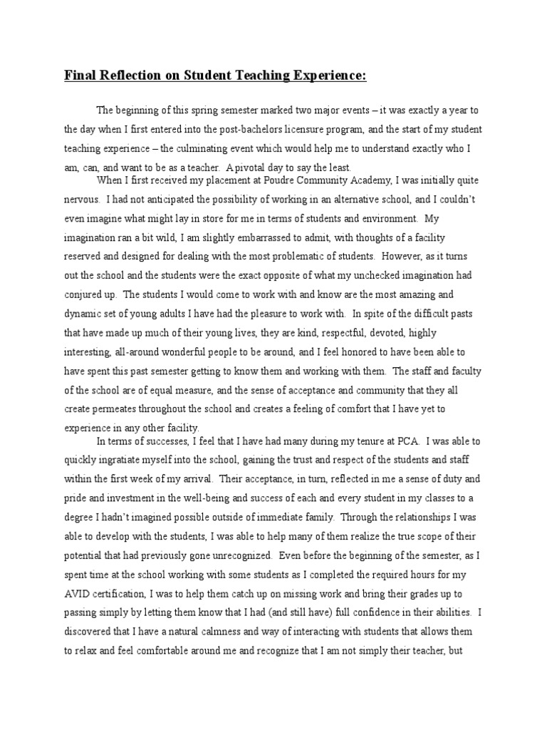 Reflection on Student Teaching Journey | PDF | Classroom Management ...