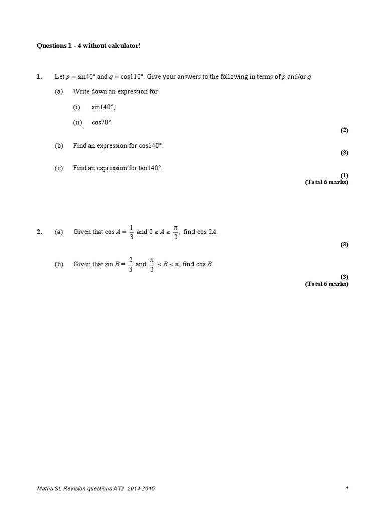 Questions on trigonometry and calculus (IB Maths SL) | Trigonometric ...