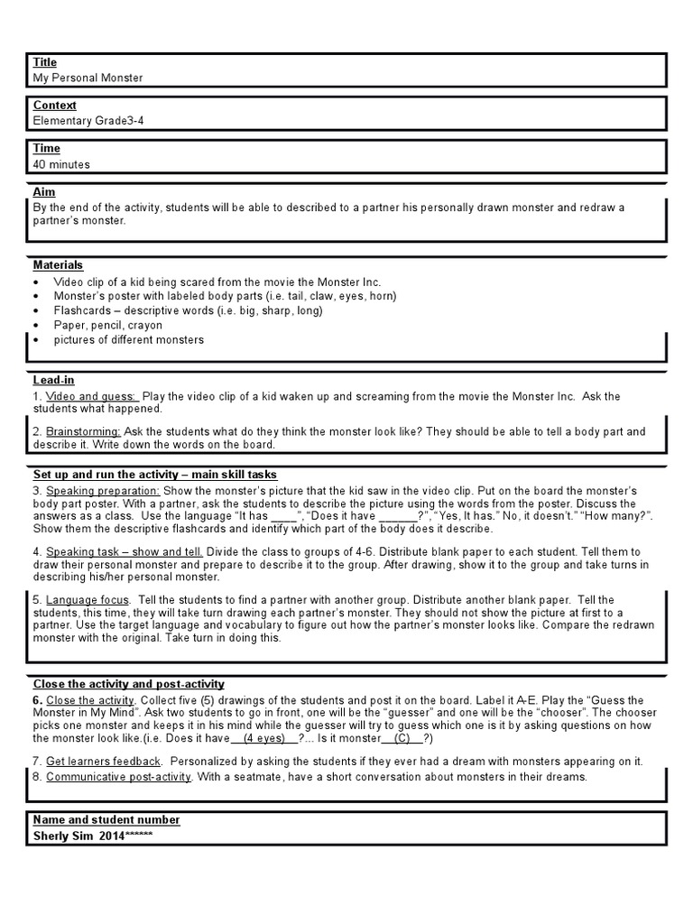 Activity Route Map (Speaking LP - Body Parts) | PDF | English As A ...