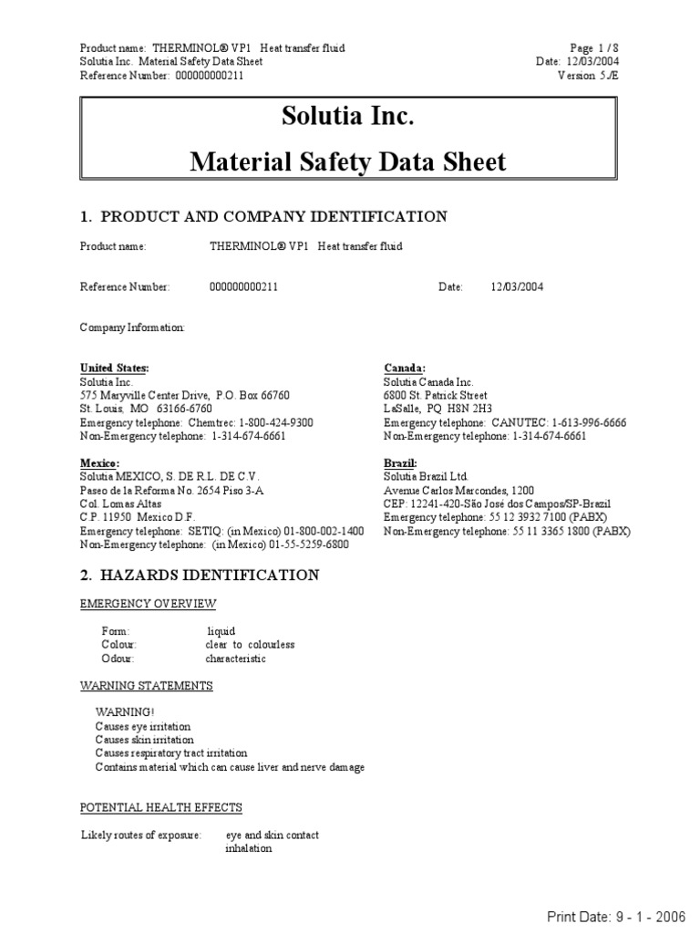 MSDS Therminol VP-1 | Toxicity | Hazardous Waste