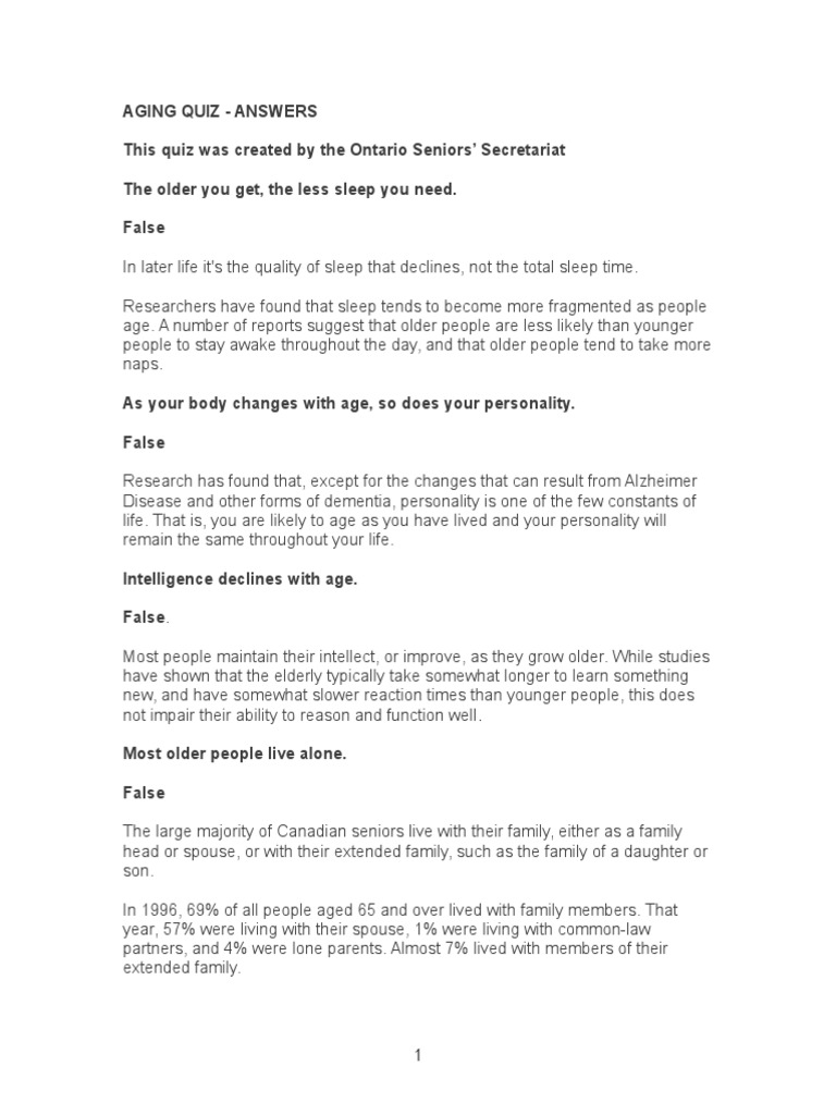 Aging Quiz 2 Answers | PDF | Dementia | Old Age