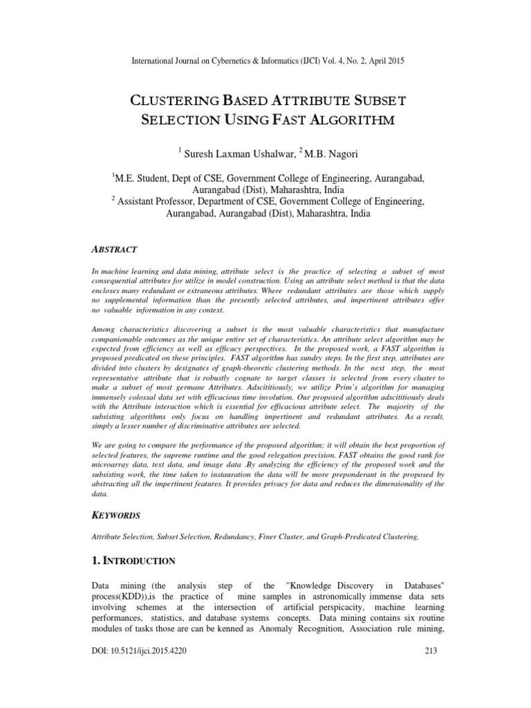 Clustering Based Attribute Subset Selection Using Fast Algorithm Pdf Cluster Analysis 