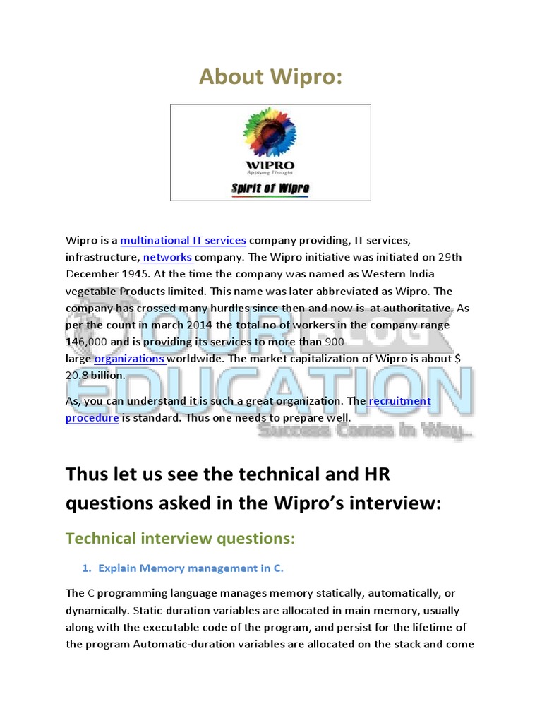 Wipro Technical and HR Interview Questions PDF | PDF | Operating System ... Wipro Technical and HR Interview Questions PDF | PDF | Operating System ...