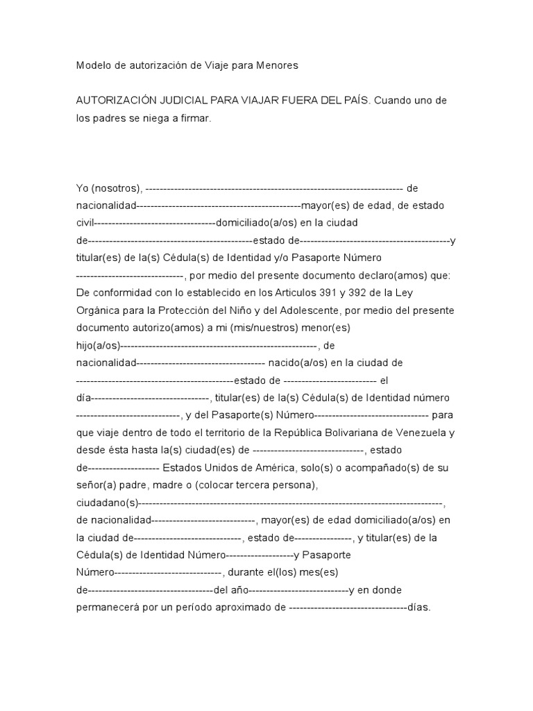 Modelo de Autorización de Viaje Para Menores | Venezuela | Gobierno Modelo de Autorización de Viaje Para Menores | Venezuela | Gobierno