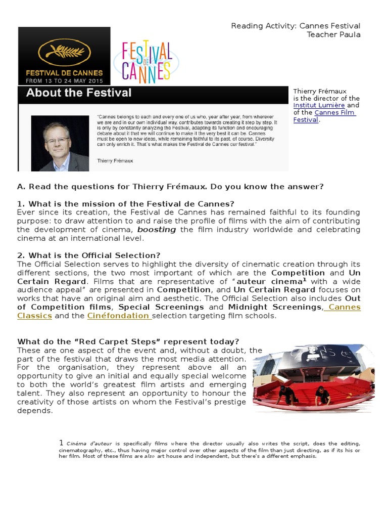 Reading Activity: Cannes Festival Teacher Paula: Classics Cinéfondation ...