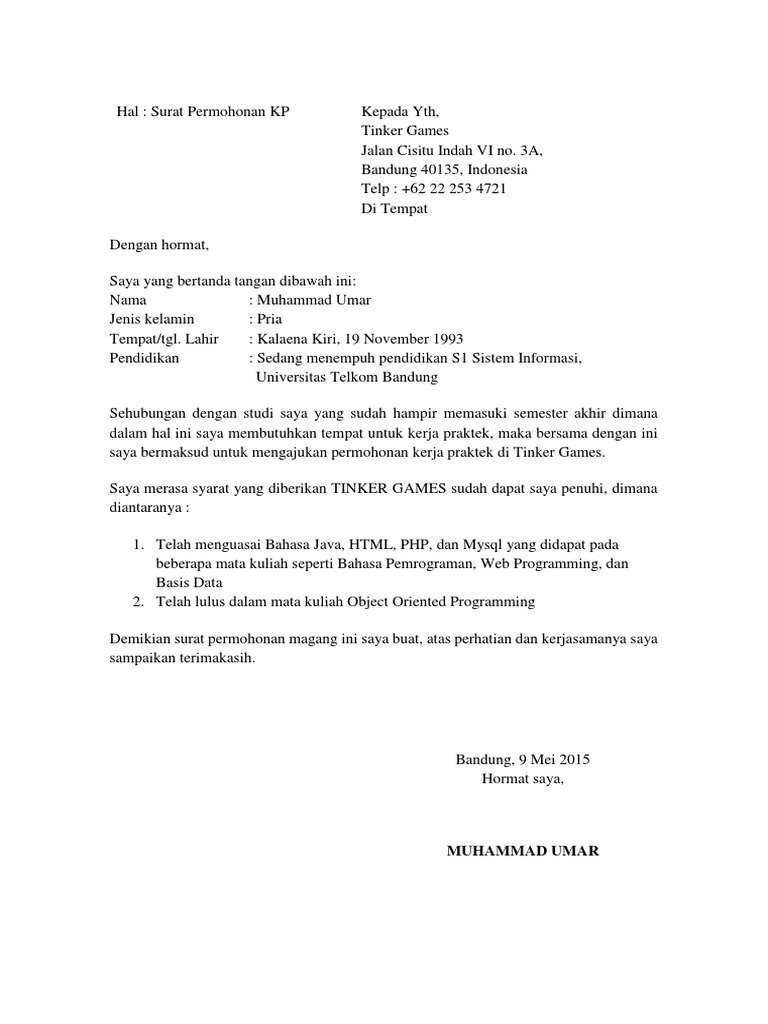 Contoh Surat Permohonan KP | PDF