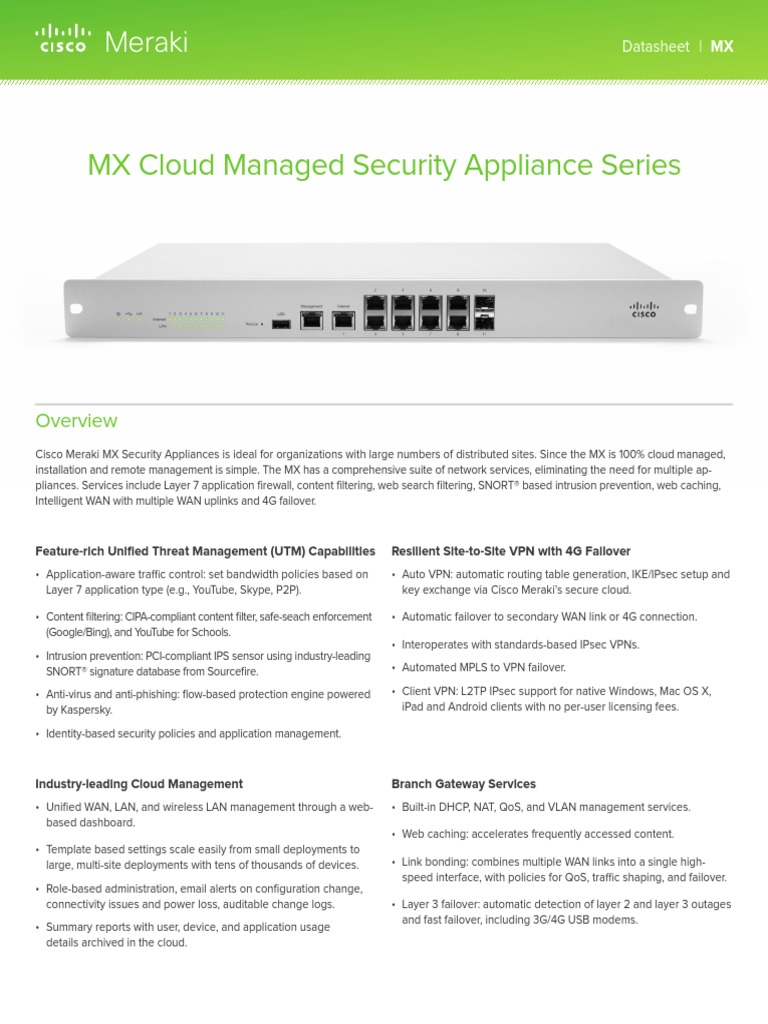 Meraki Datasheet MX | PDF | Virtual Private Network | Cloud Computing