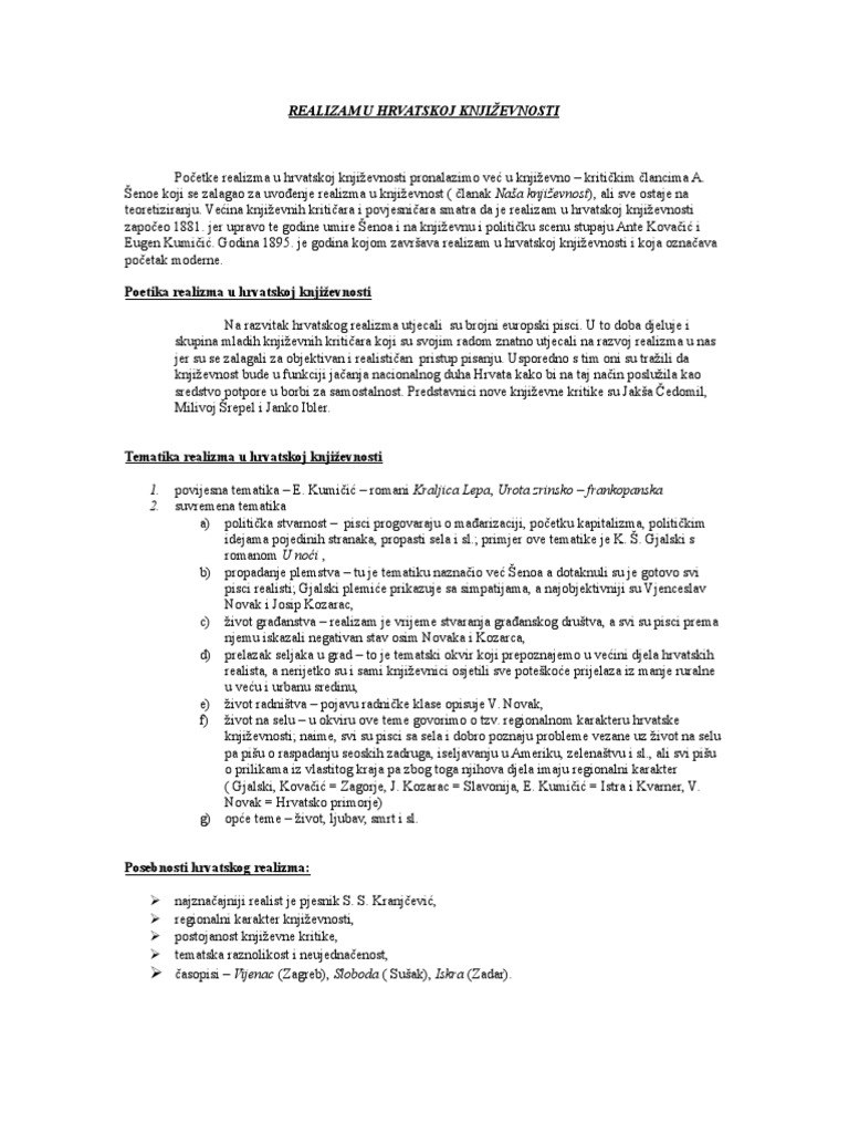Realizam U Hrvatskoj Knjizevnosti | PDF