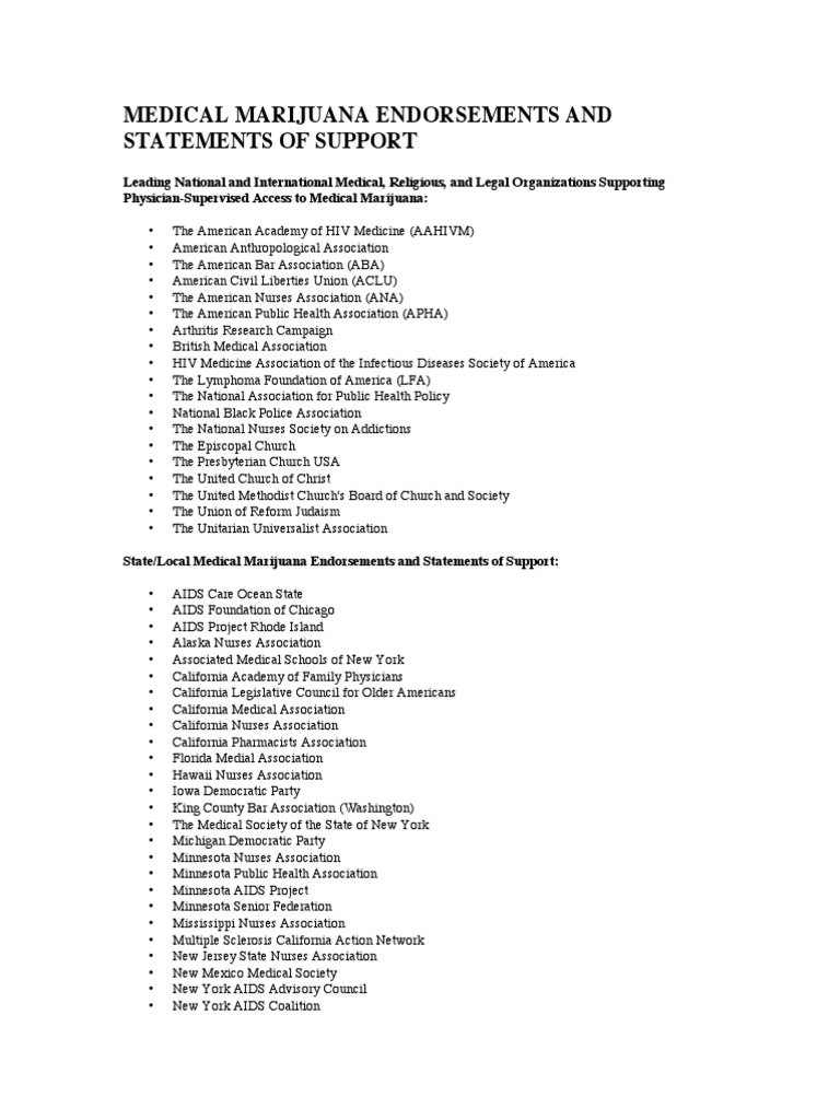 Medical Marijuana Endorsements and Statements of Support | PDF | Medical Cannabis | Cannabis (Drug)
