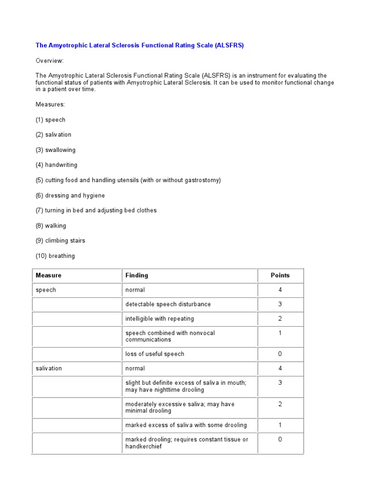 ALS Functional Rating Scale (ALSFRS) | PDF | Wellness | Science ...