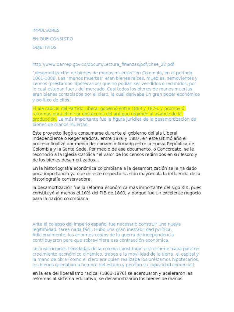 Desamortización de Bienes de Manos Muertas | PDF | Colombia | Economias