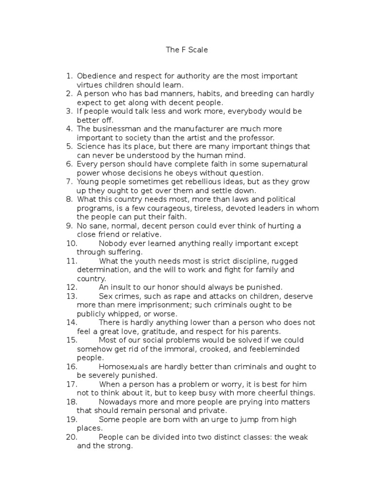 The F Scale | Download Free PDF | Obedience (Human Behavior) | Psychology
