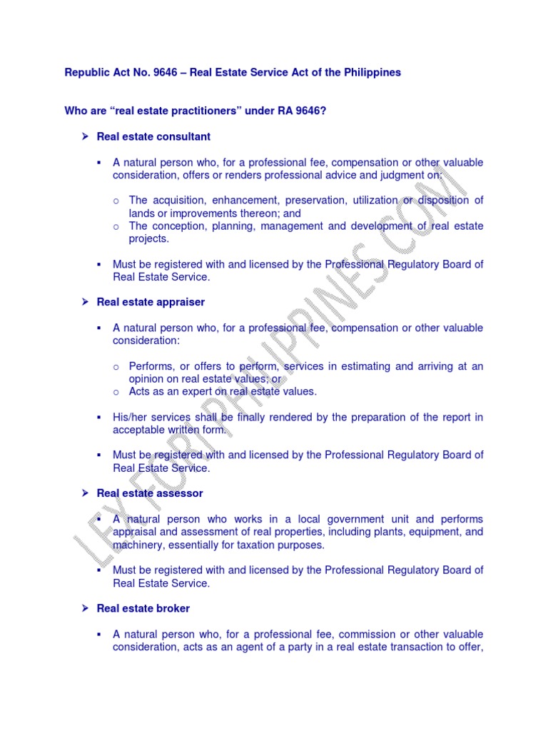RA 9646 Real Estate Service Act | PDF | Real Estate Broker | Licensure