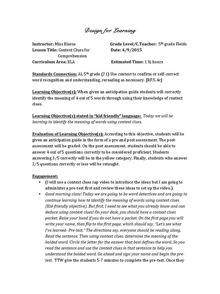 Context Clues Lesson for 5th Grade | PDF | Educational Assessment ...