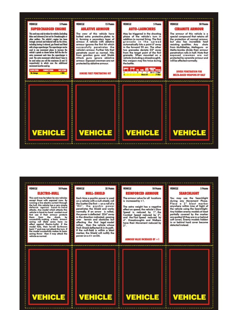 62271760 Vehicle Cards for 2nd Edition 40K | Reconnaissance | Armour