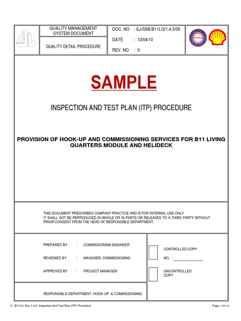3.0 Inspection & Test Plan | Pipe (Fluid Conveyance) | Verification And ...