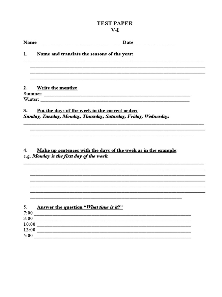 Test Paper V-I: Sunday, Tuesday, Monday, Thursday, Saturday, Friday ...