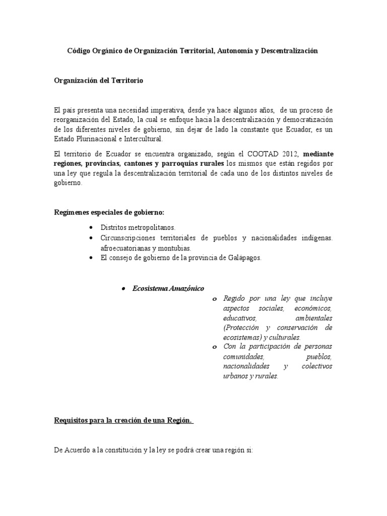 Análisis Del Código Orgánico de Organización Territorial, Autonomía y ...