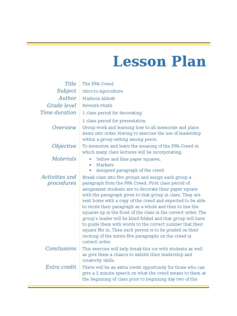 The Ffa Creed Lesson Plan | PDF | Career & Growth | Language Arts ...