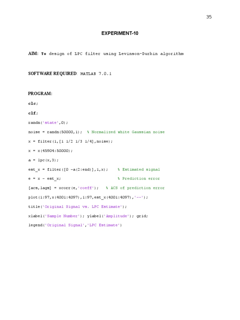 AIM: To Design of LPC Filter Using Levinson-Durbin Algorithm | PDF ...