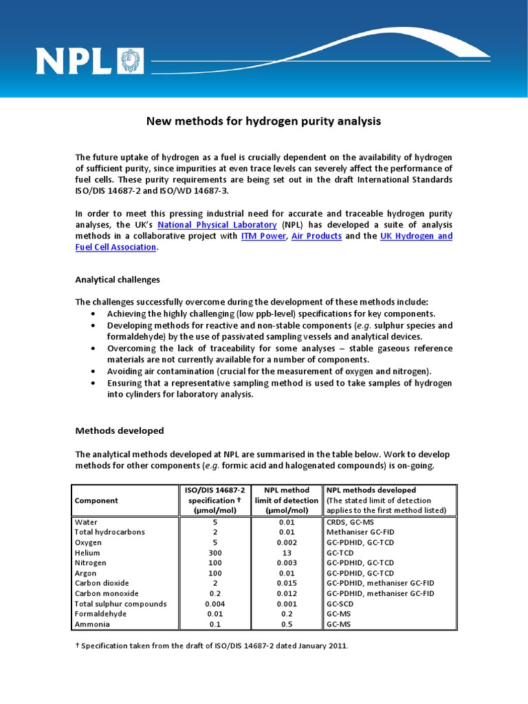 Hydrogen Purity Analysis Methods | PDF | Gas Chromatography | Chemical ...