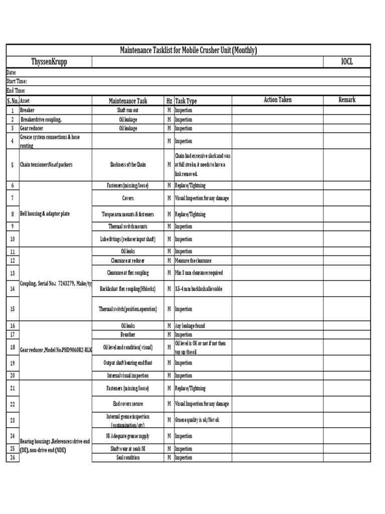 Mcu Checklist | Bearing (Mechanical) | Machines