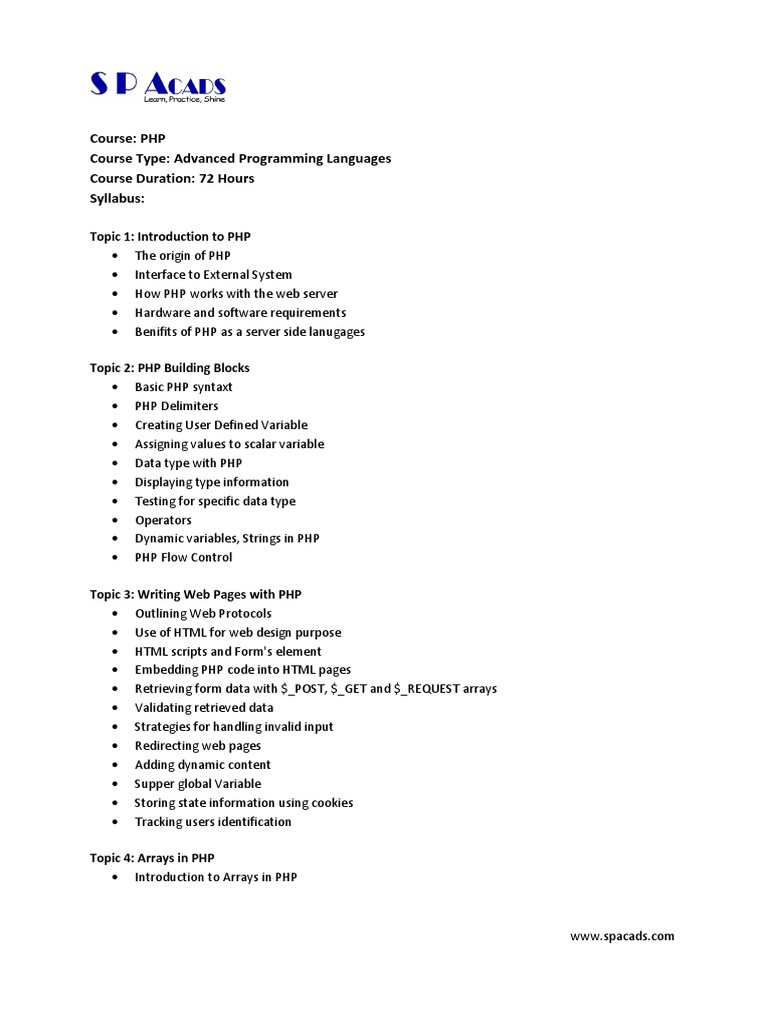 Course: PHP Course Type: Advanced Programming Languages Course Duration: 72 Hours Syllabus | PDF ...
