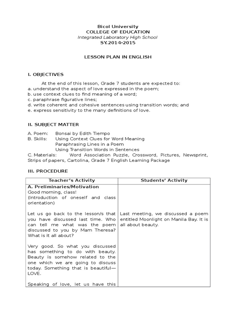 Lesson Plan g7 | Download Free PDF | Paragraph | Love