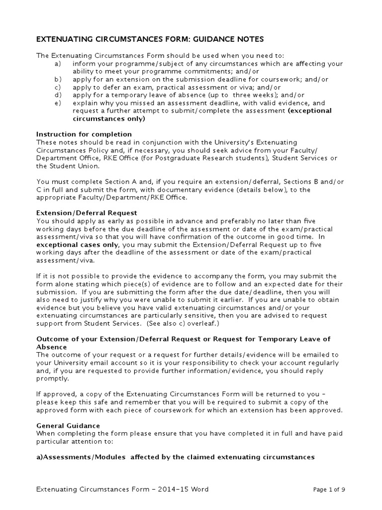 Extenuating Circumstances Form - 2014-15 Word | PDF | Educational ...
