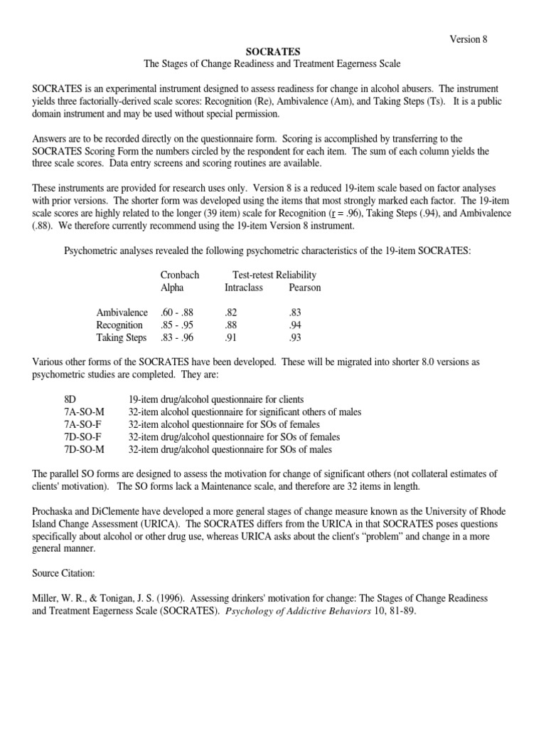 SOCRATES Alcohol Change Readiness Scale | PDF | Alcoholism | Psychometrics