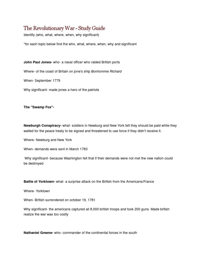 Revolutionary War Study Guide Overview | PDF | American Revolutionary ...