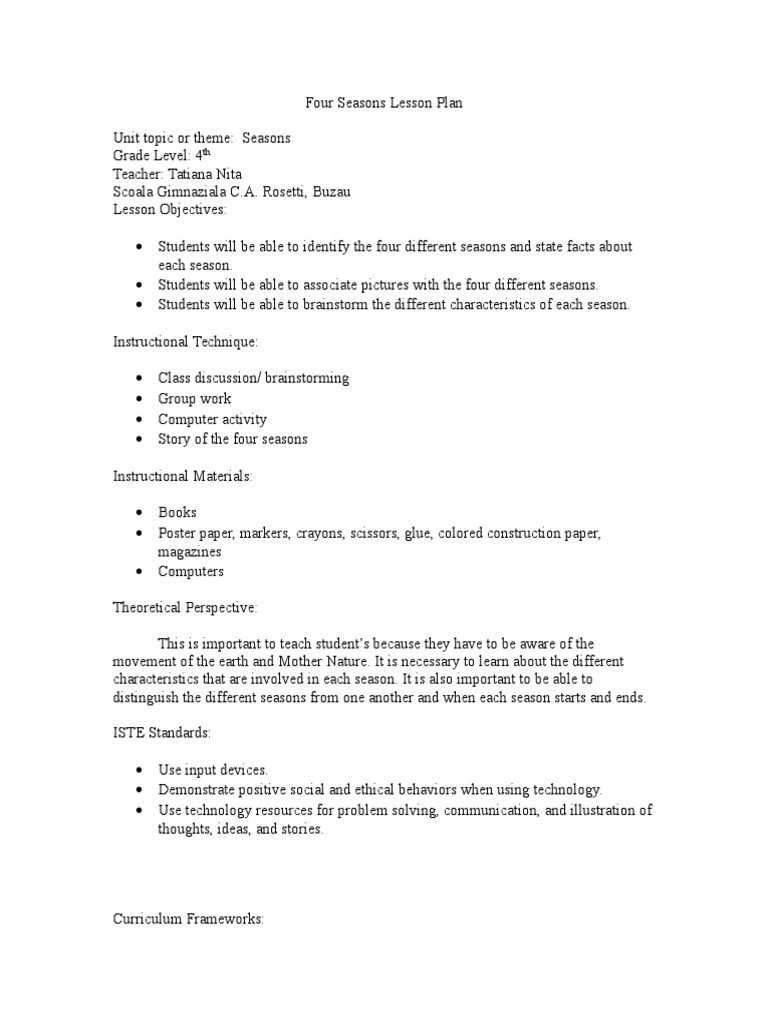 Four Seasons Lesson Plan for 4th Grade | PDF | Brainstorming | Special ...